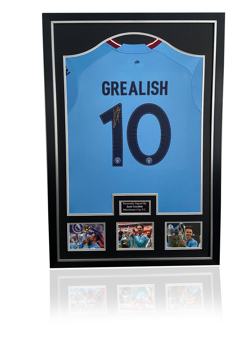Jack Grealish deluxe frame signed treble winning Manchester City shirt ...